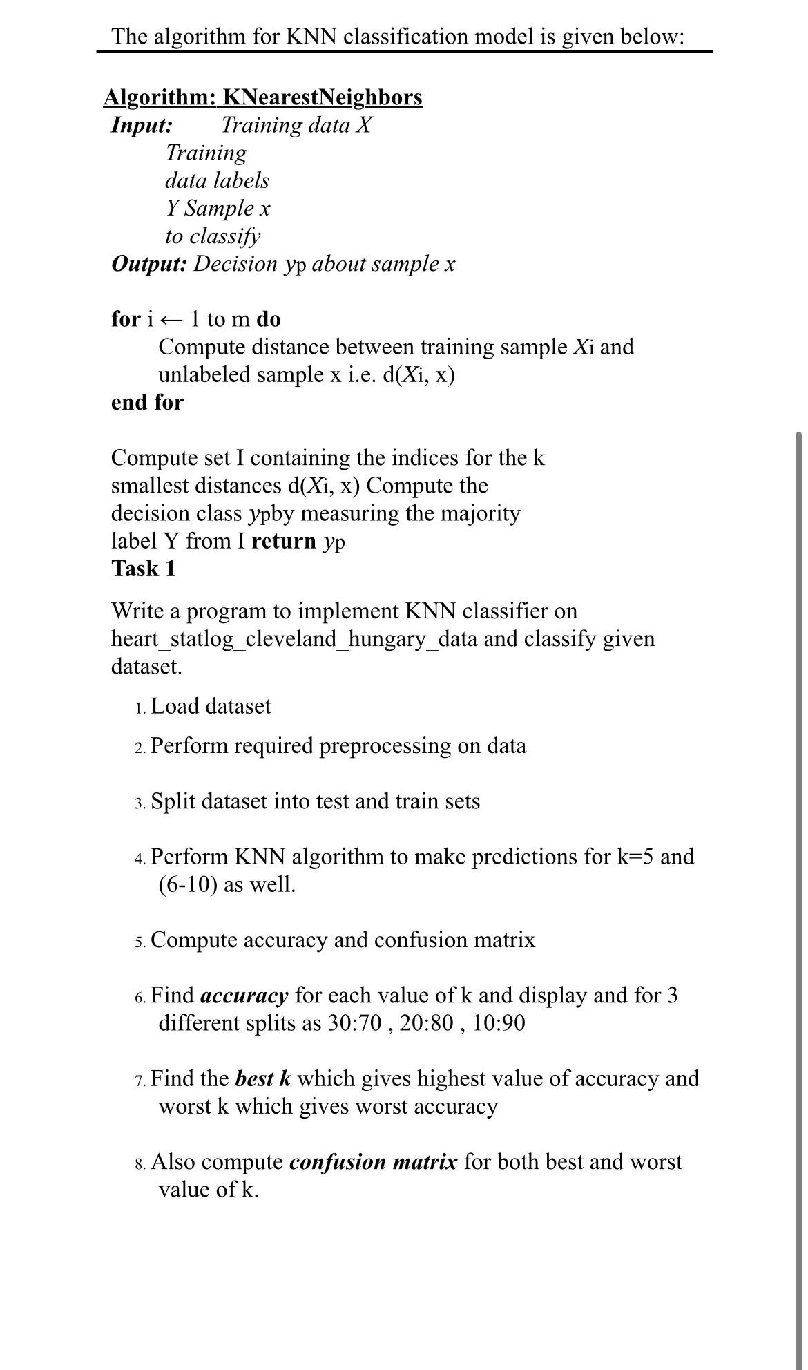 Solved The algorithm for KNN classification model is given | Chegg.com