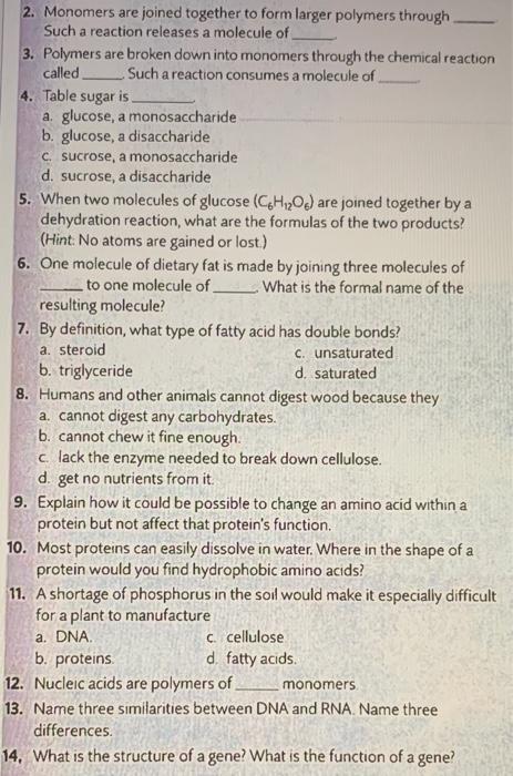 Solved 2. Monomers are joined together to form larger | Chegg.com