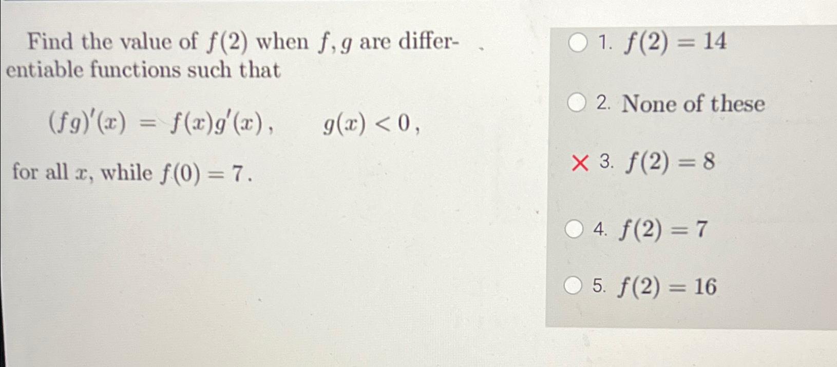 Solved Find the value of f(2) ﻿when f,g ﻿are differ-f(2)=14 | Chegg.com