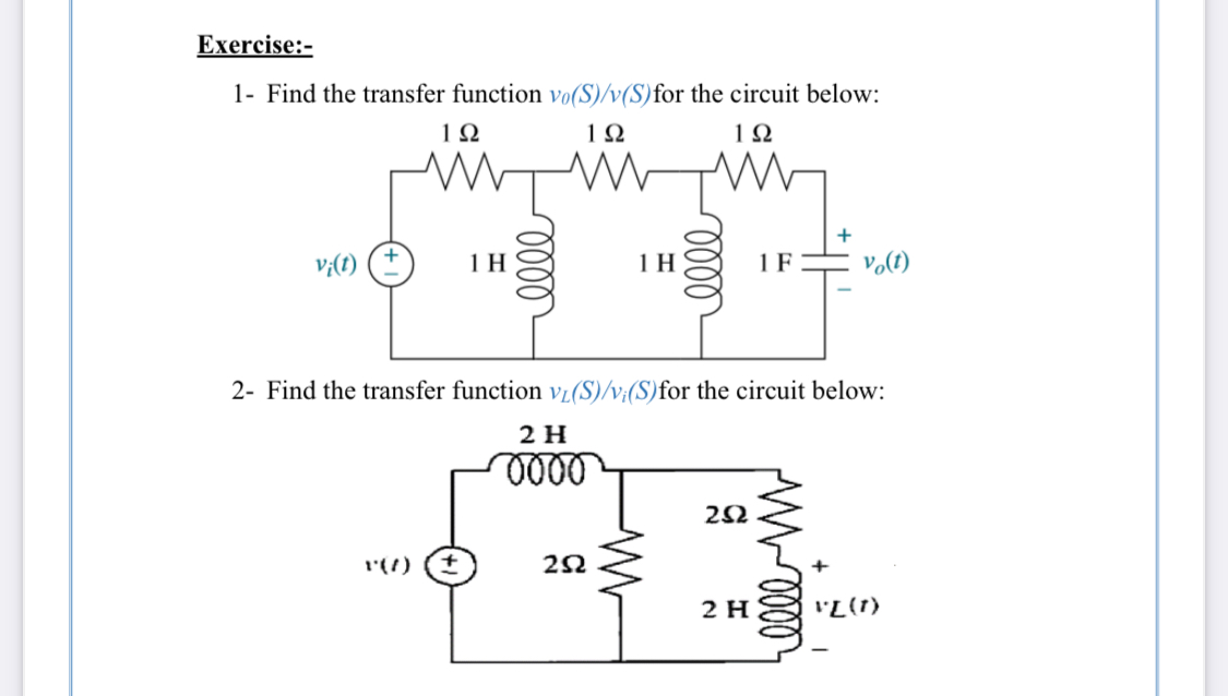 Solved Exercise:-1- ﻿Find the transfer function v0Sv(S) ﻿for | Chegg.com