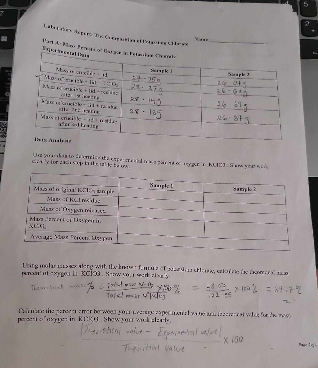 Solved Laboratory Report: The Composition of Potassiom | Chegg.com