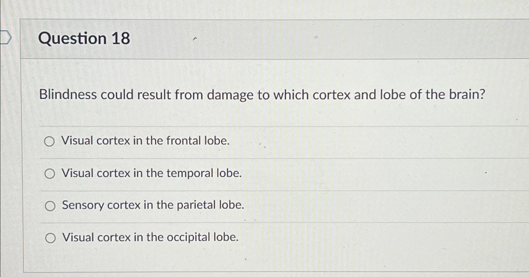 Solved Question 18Blindness could result from damage to | Chegg.com