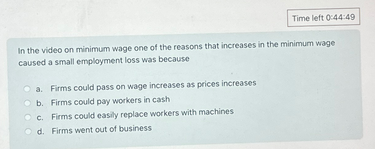 Solved Time left 0:44:49In the video on minimum wage one of | Chegg.com