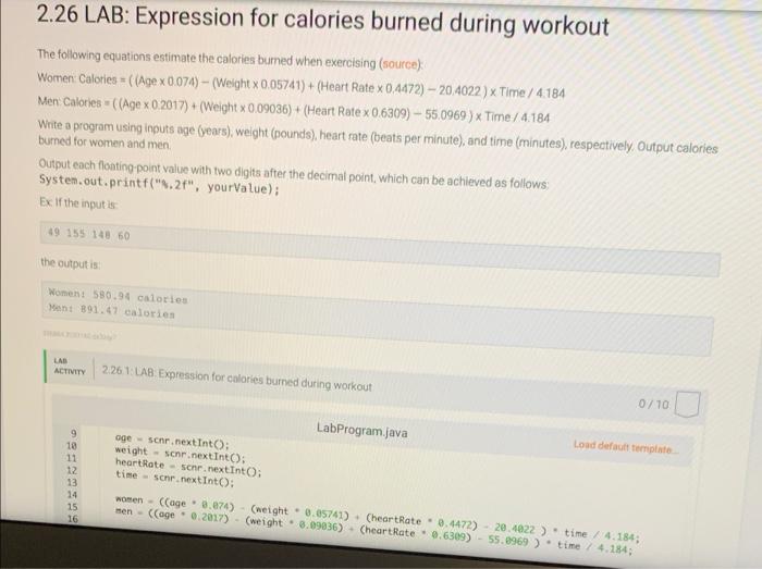 Solved 2.26 LAB: Expression for calories burned during | Chegg.com