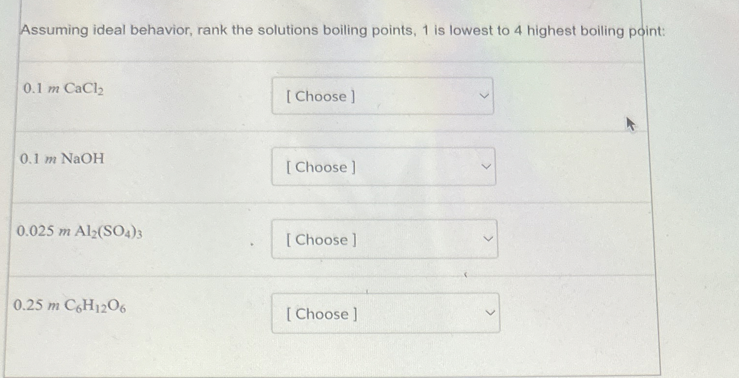 Solved Assuming ideal behavior, rank the solutions boiling | Chegg.com