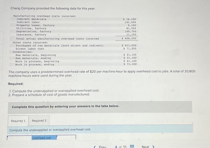 Solved Chang Company provided the following data for this | Chegg.com