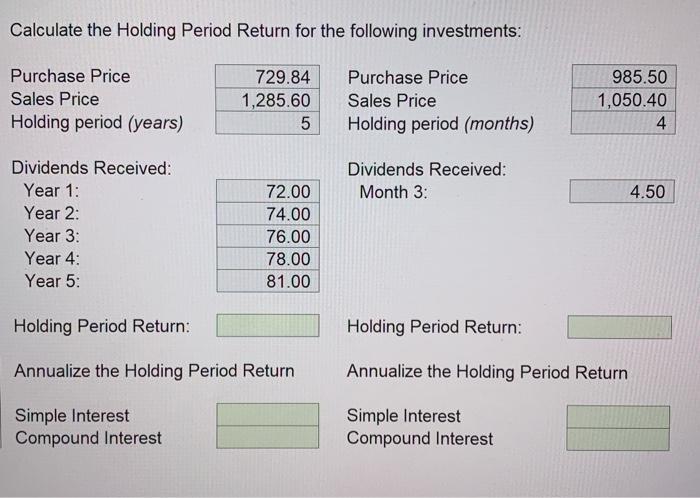 Solved Calculate the Holding Period Return for the following | Chegg.com