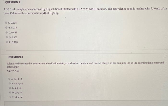 Solved QUESTION 7 A 50.0 mL sample of an aqueous H2SO4 | Chegg.com