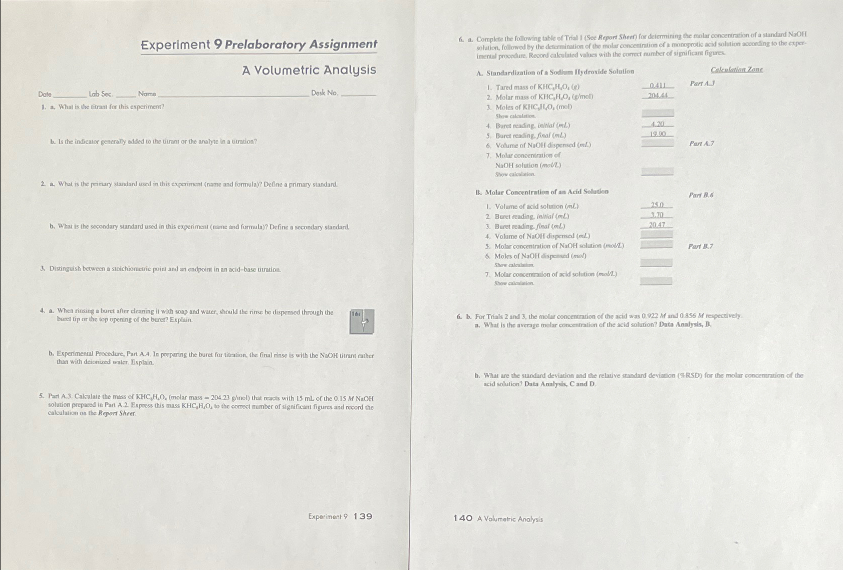 Solved Experiment 9 ﻿prelaboratory Assignmenta Volumetric