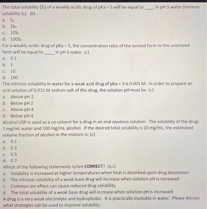 Solved in pH5 water (intrinsic The total solubility (St ) of | Chegg.com