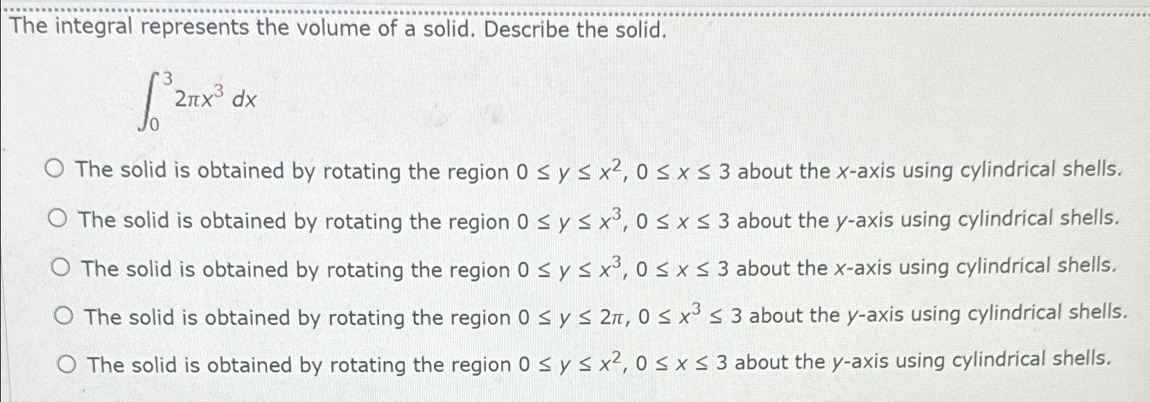 Solved The integral represents the volume of a solid. | Chegg.com