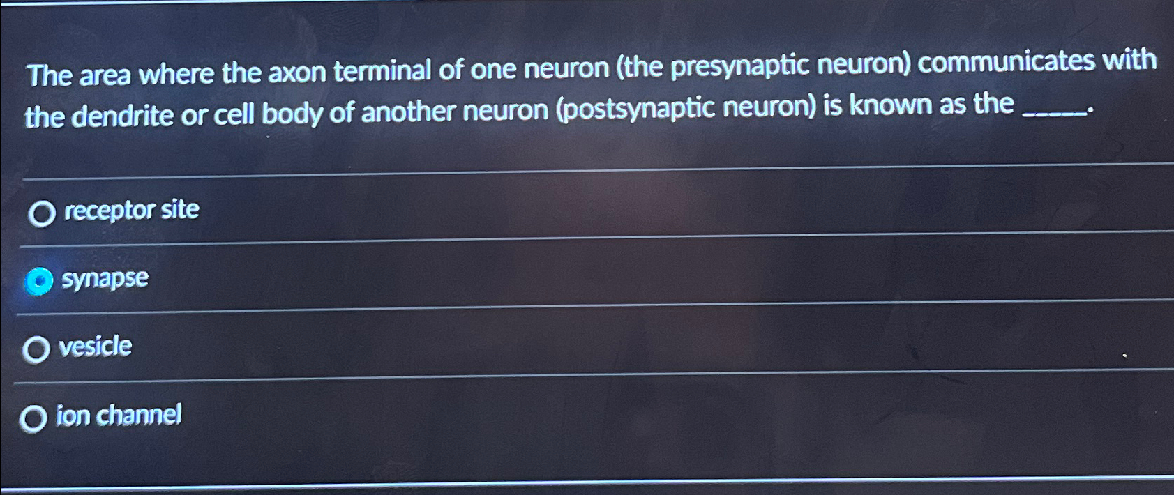 Solved The area where the axon terminal of one neuron (the | Chegg.com
