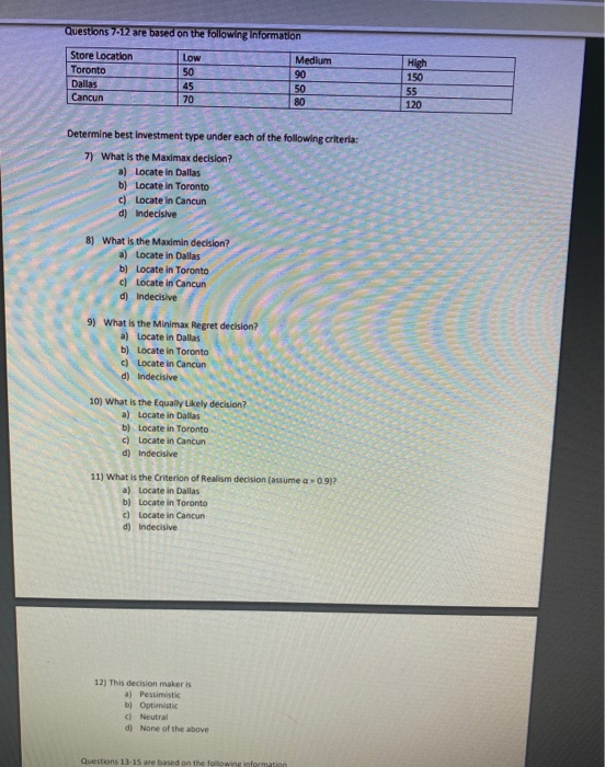 Solved Questions 7-12 are based on the following Information | Chegg.com