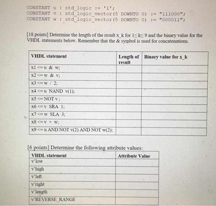 Solved CONSTANT u : std_logic := ' 1 '; CONSTANT v : | Chegg.com