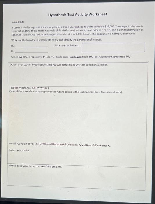Solved Hypothesis Test Activity Worksheet Example 2: A used | Chegg.com