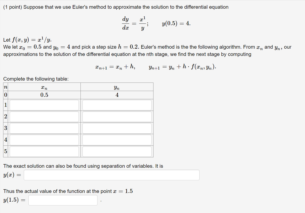 Solved (1 ﻿point) ﻿Suppose that we use Euler's method to | Chegg.com