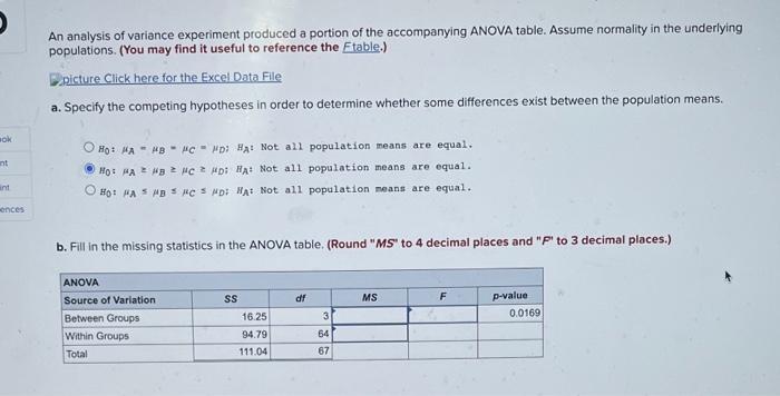 Solved An analysis of variance experiment produced a portion | Chegg.com