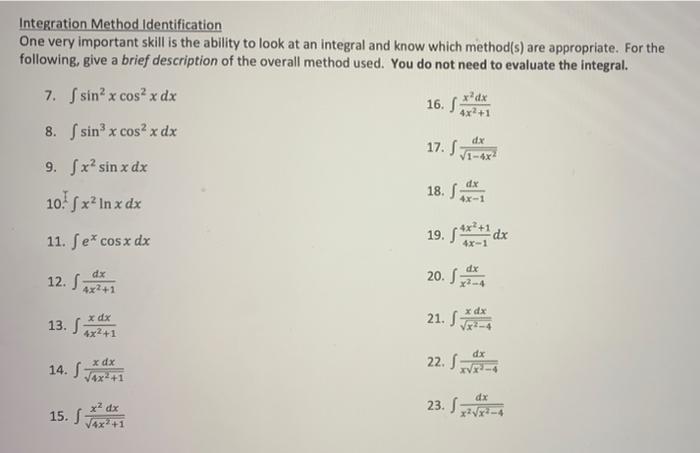 Solved Integration Method Identification One very important | Chegg.com