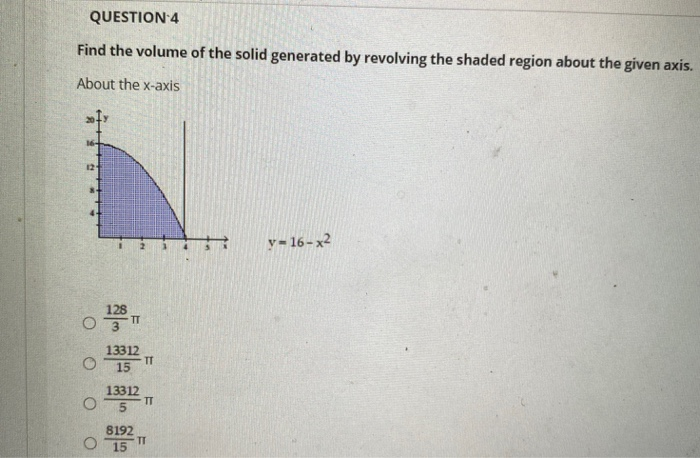 Solved QUESTION 4 Find the volume of the solid generated by | Chegg.com