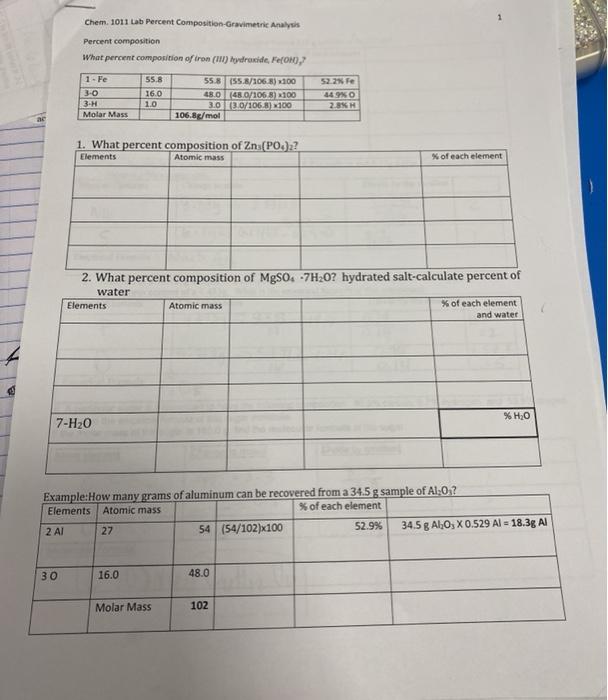 Solved Chem. 1011 Lab Percent Composition Gravimetric | Chegg.com