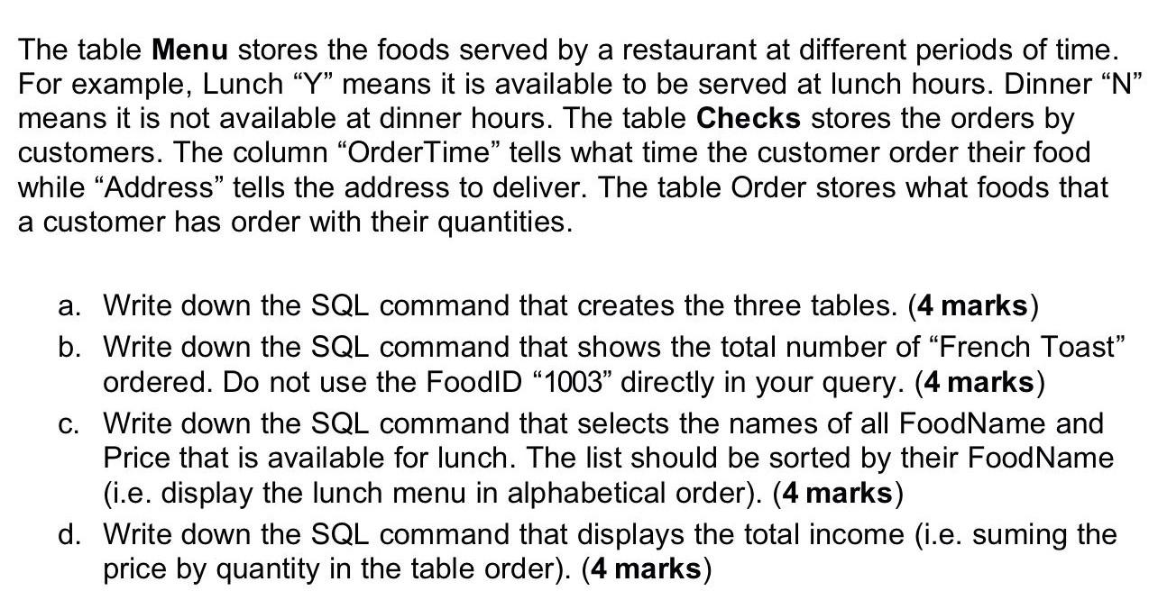 Solved Question 8. You are given the following database | Chegg.com