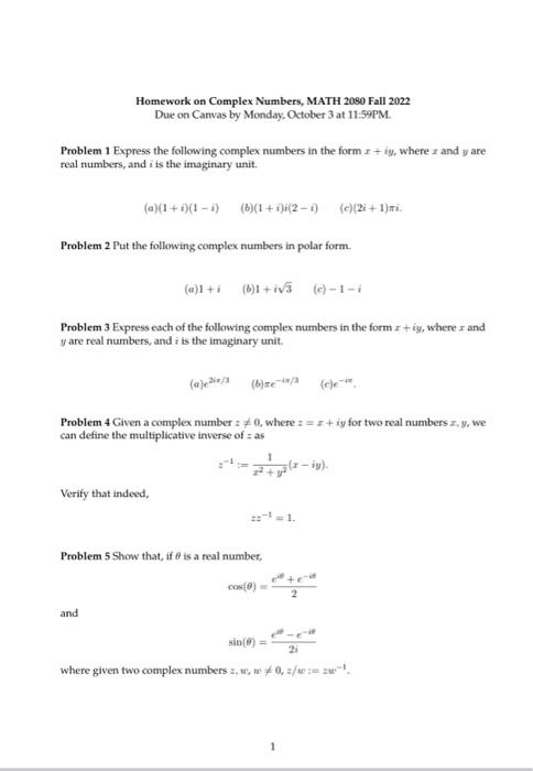 Solved Homework on Complex Numbers, MATH 2090 Fall 2022 Due | Chegg.com