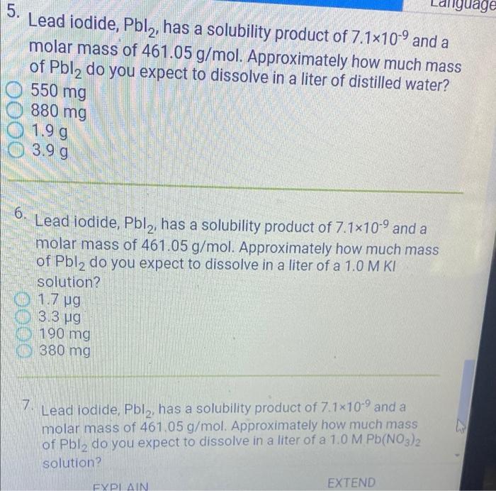 Solved anguage 5. Lead iodide, Pbl2, has a solubility | Chegg.com