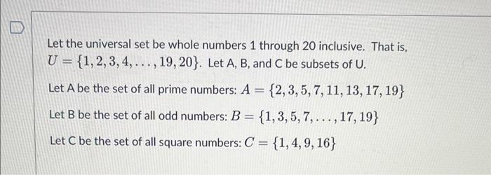 Solved Let the universal set be whole numbers 1 through 20 | Chegg.com