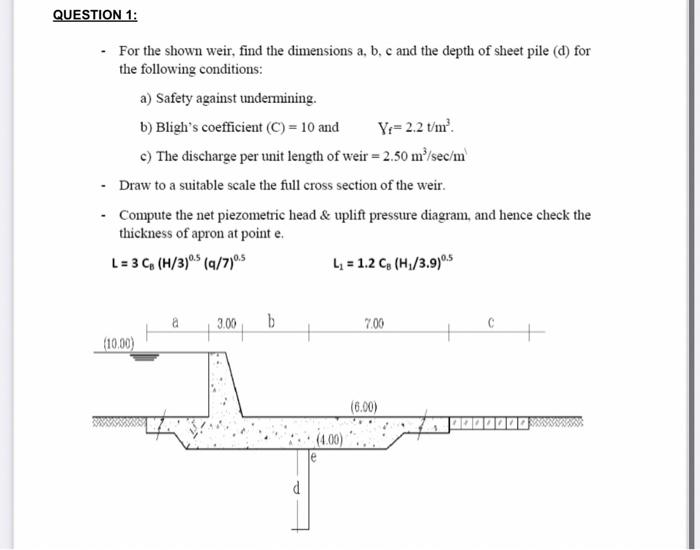 Solved - For the shown weir, find the dimensions a, b, c and | Chegg.com