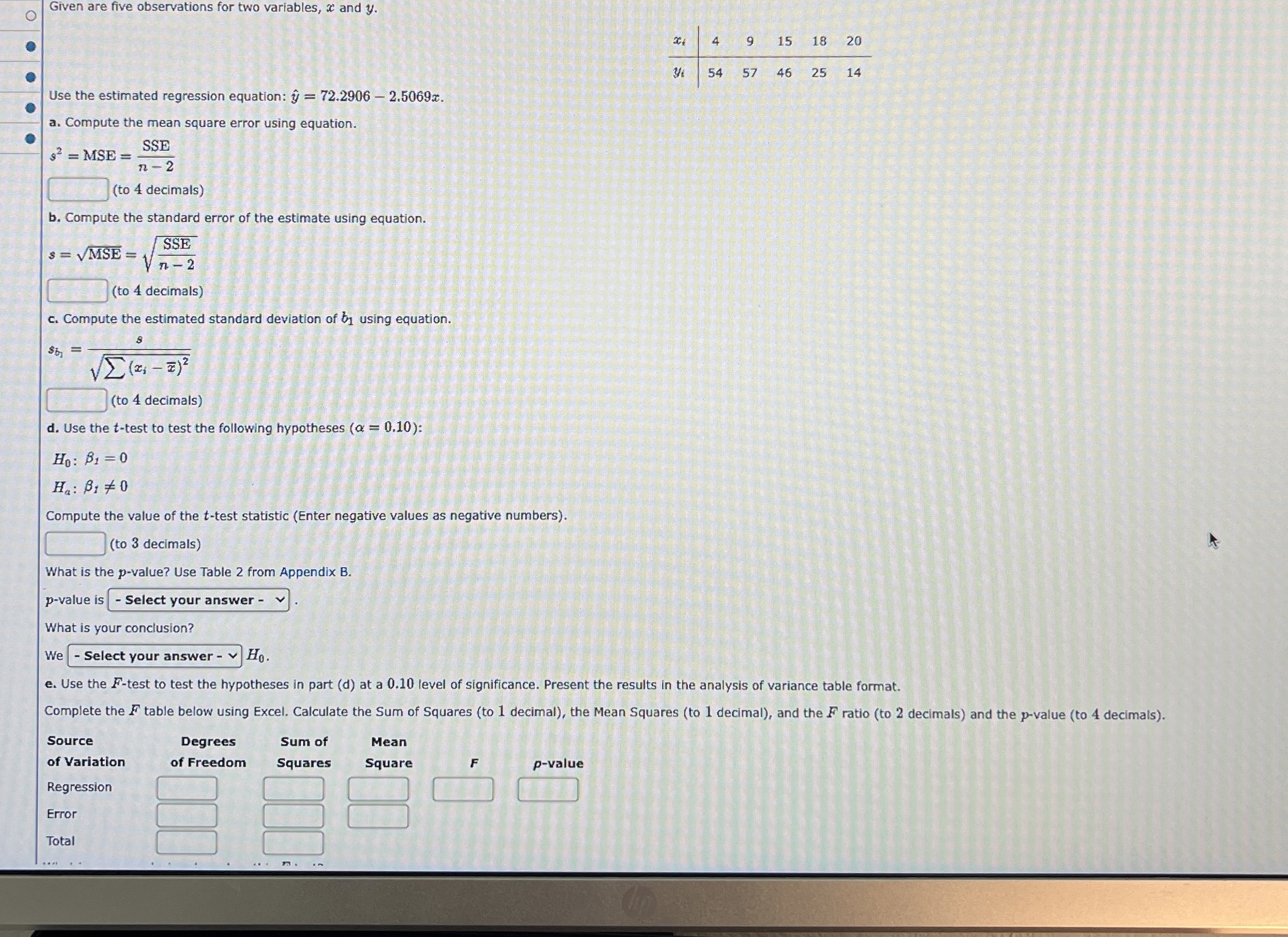 Solved Given are five observations for two variables, x ﻿and | Chegg.com