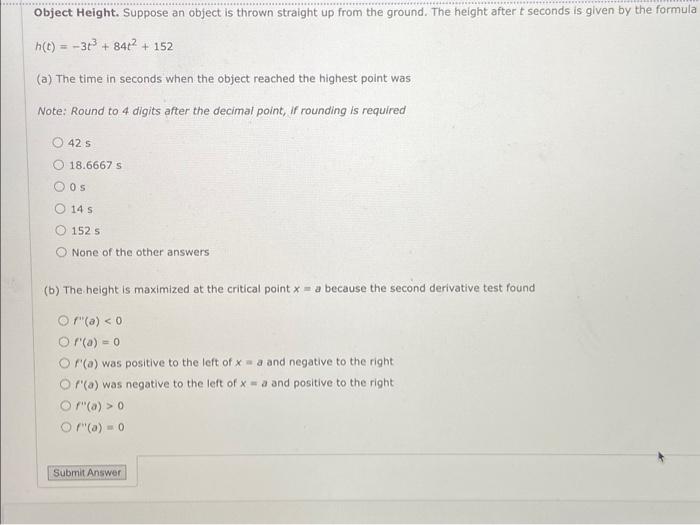 Solved Object Height. Suppose an object is thrown straight | Chegg.com
