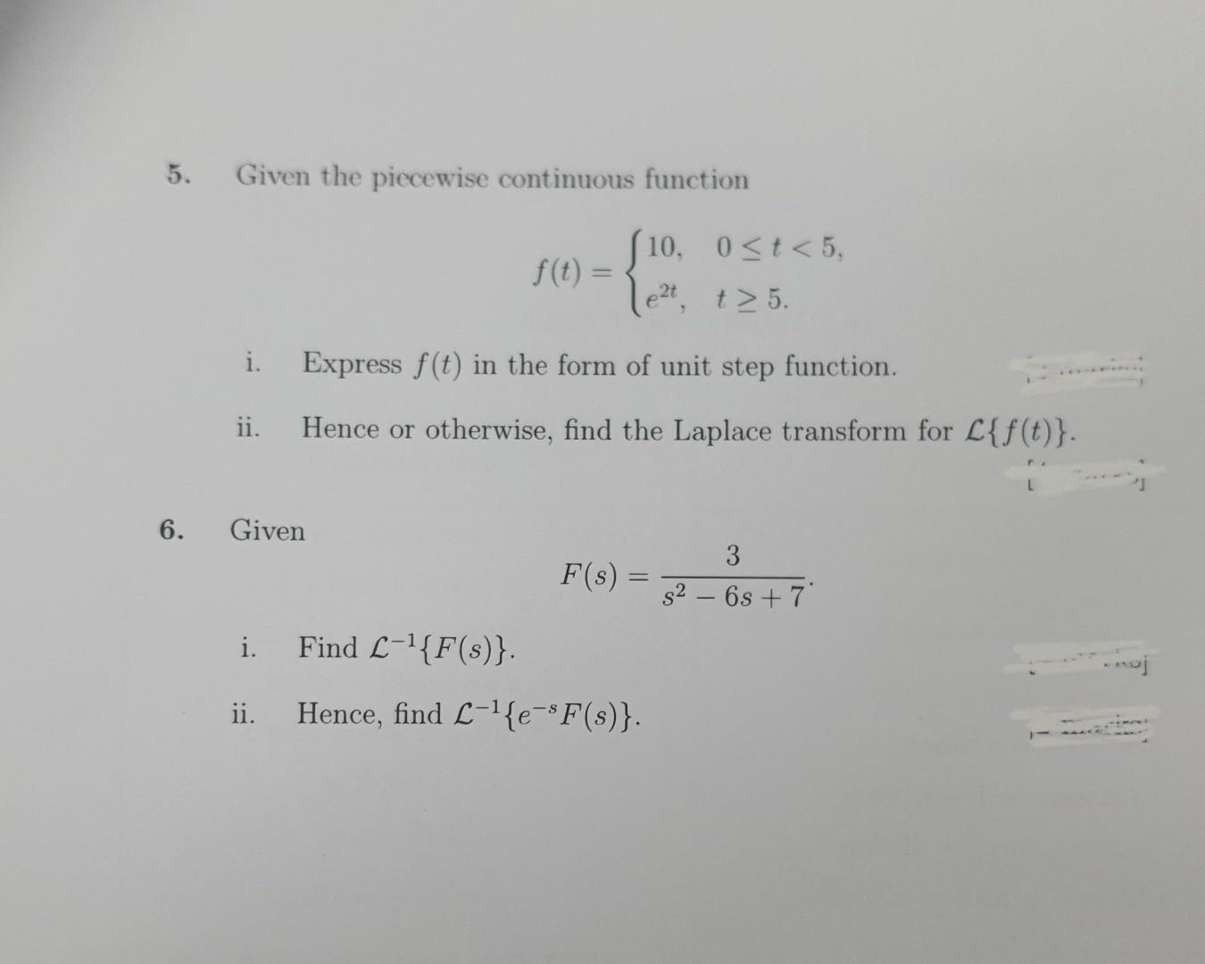 Solved 5. Given the piecewise continuous function | Chegg.com