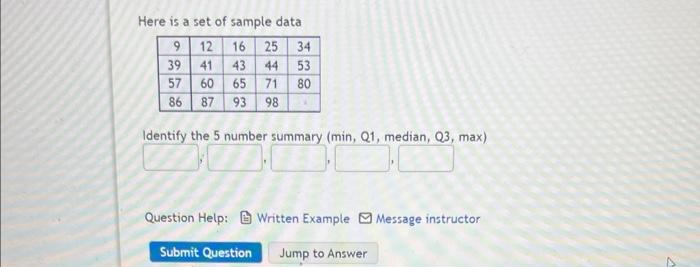Solved Here is a set of sample data Identify the 5 number | Chegg.com