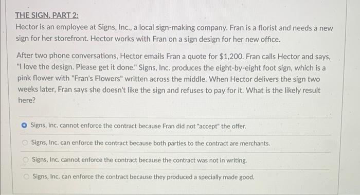Solved THE SIGN, PART 2: Hector is an employee at Signs, | Chegg.com
