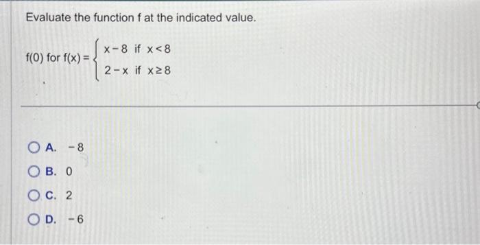 Solved Evaluate the function f at the indicated value. f(0) | Chegg.com