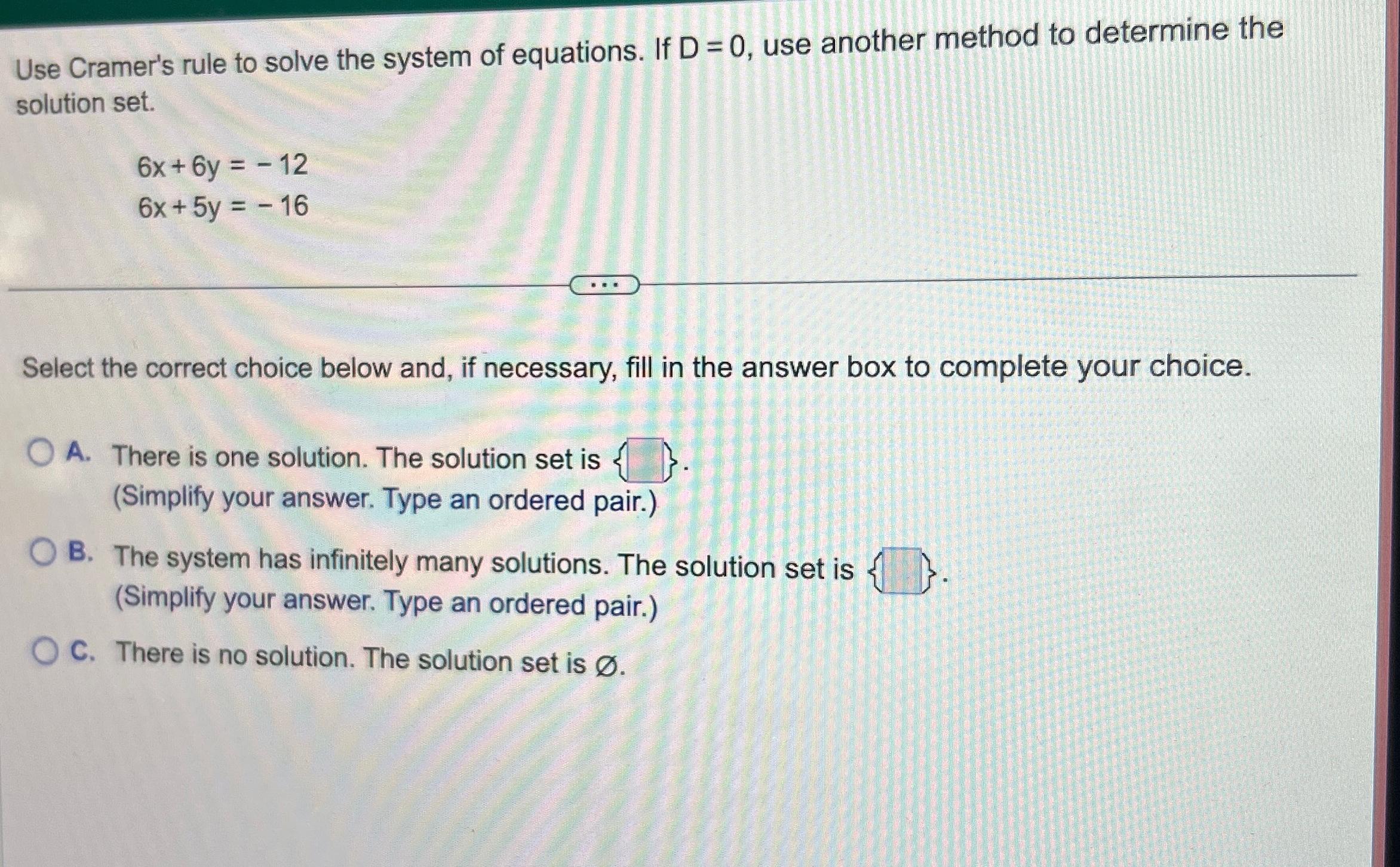 Solved Use Cramer's rule to solve the system of equations. | Chegg.com