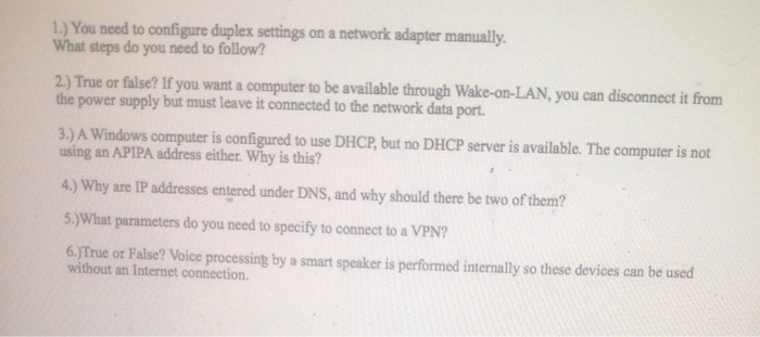 Solved 1.) You need to configure duplex settings on a | Chegg.com
