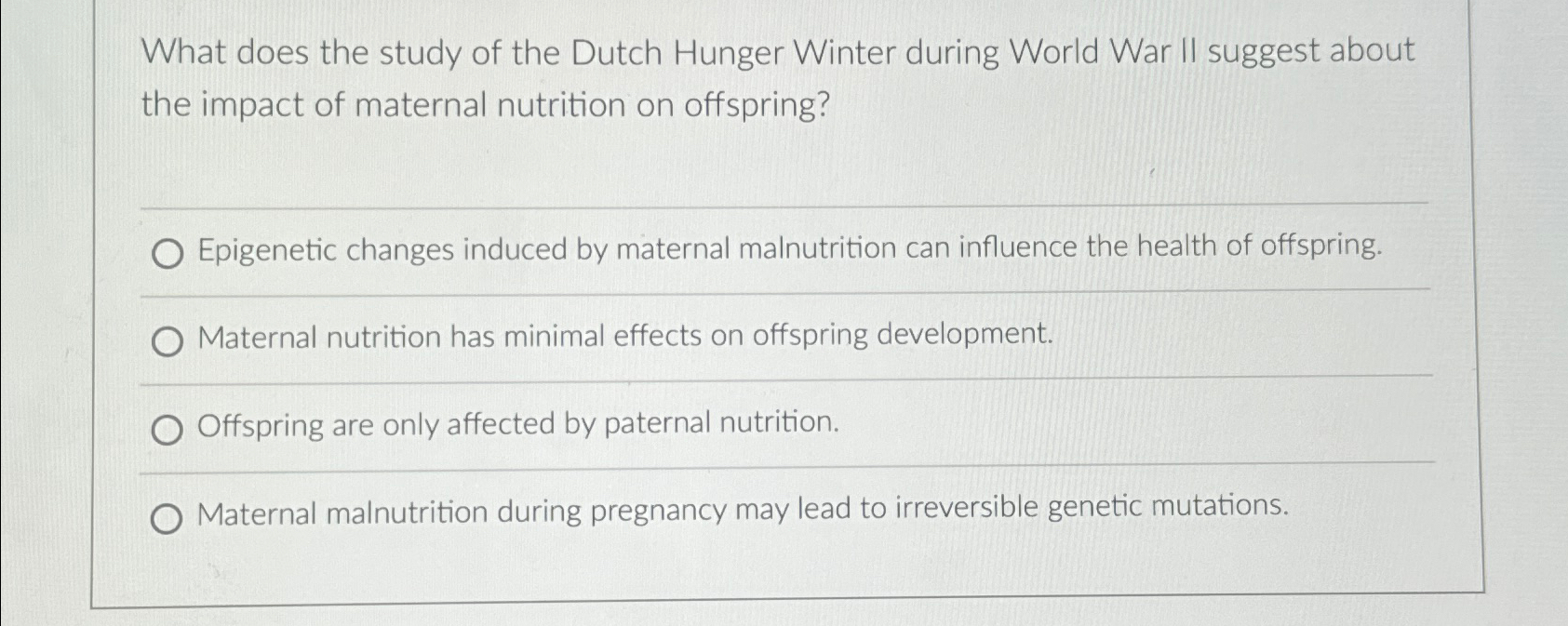Solved What does the study of the Dutch Hunger Winter during | Chegg.com