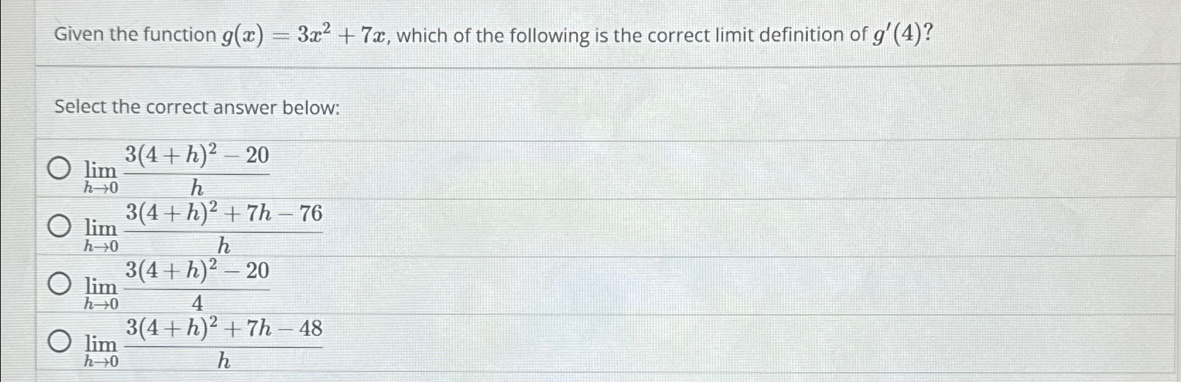 Solved Given the function g(x)=3x2+7x, ﻿which of the | Chegg.com