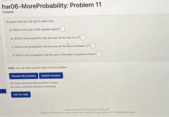 Solved hw06-MoreProbability: Problem 11 (1 point) Suppose | Chegg.com