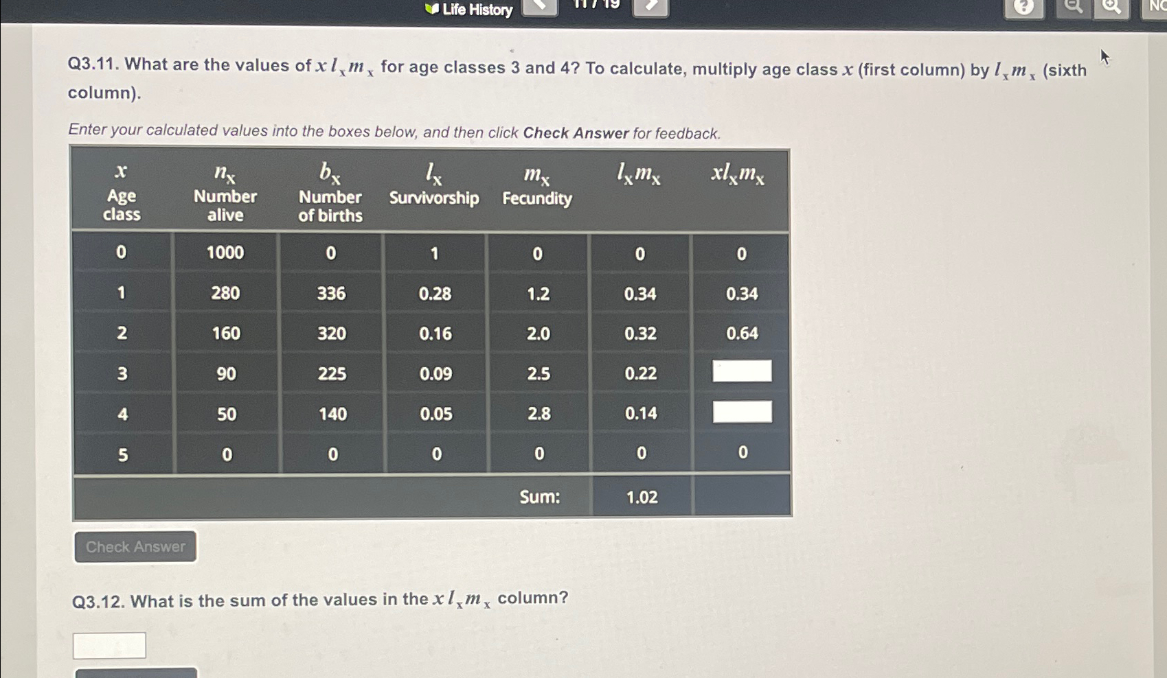 Solved Q3.11. ﻿What are the values of xlxmx ﻿for age classes | Chegg.com