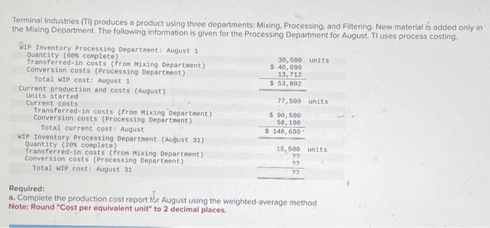 Solved Terminal Industries (TI) produces a product using | Chegg.com