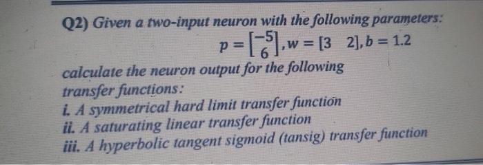 Solved Q2) Given a two-input neuron with the following | Chegg.com