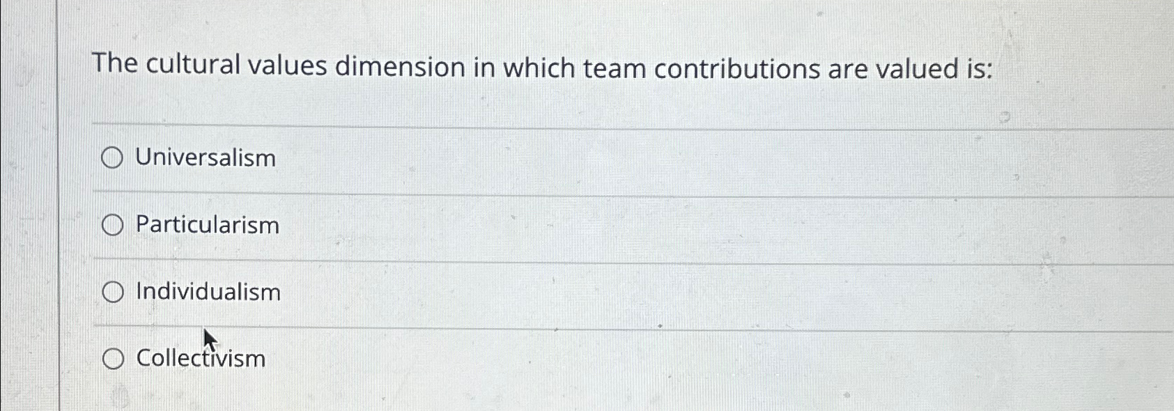 Solved The cultural values dimension in which team | Chegg.com