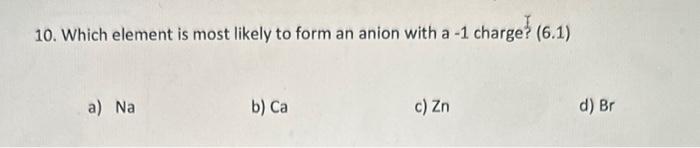 Solved 10. Which element is most likely to form an anion | Chegg.com