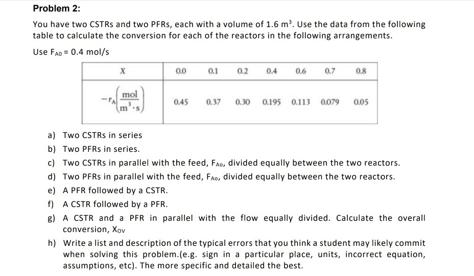 Problem 2: You have two CSTRs and two PFRs, each with | Chegg.com