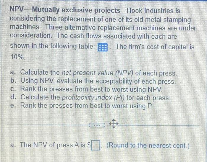 Solved NPV-Mutually exclusive projects Hook Industries is | Chegg.com