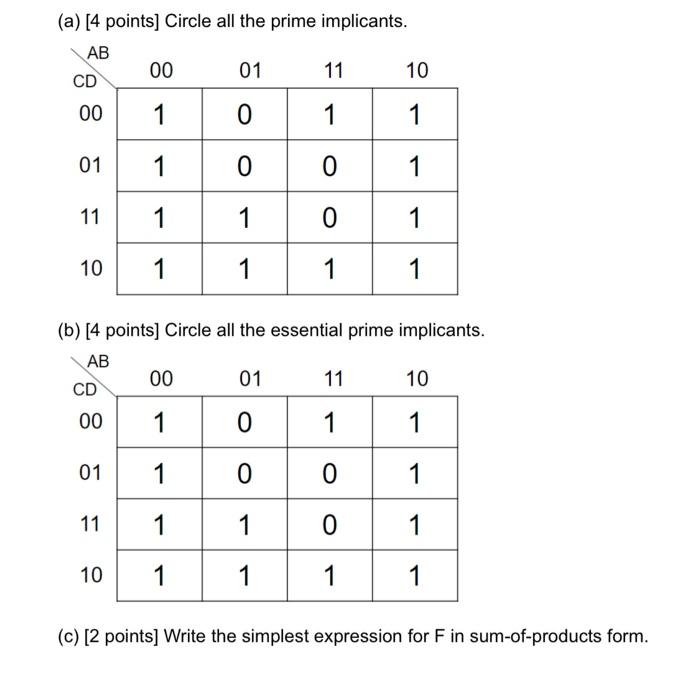 Solved (a) [4 points] Circle all the prime implicants. AB 00 | Chegg.com