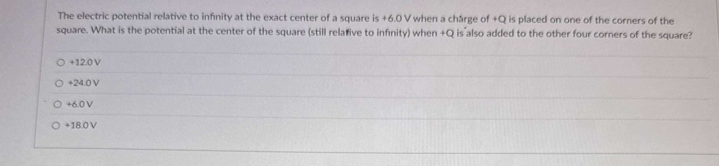 Solved The electric potential relative to infinity at the | Chegg.com