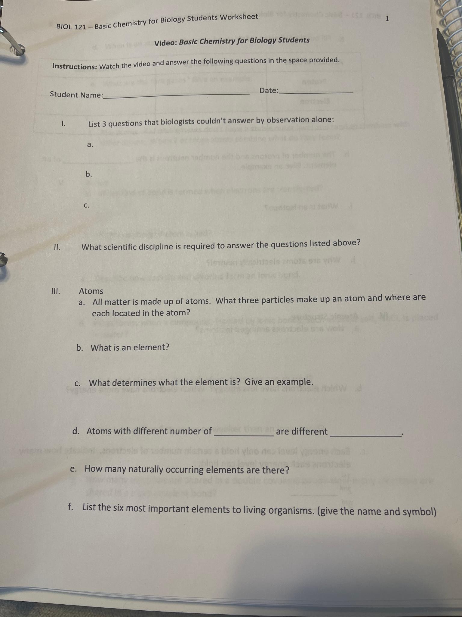 Solved BIOL 121 - ﻿Basic Chemistry for Biology Students | Chegg.com